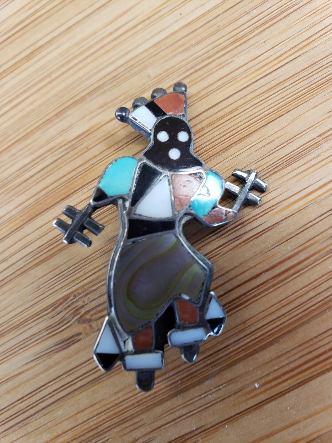 Vintage Zuni Inlaid Crown Dancer Apache Pin Signed by Artist Measures 1 ...