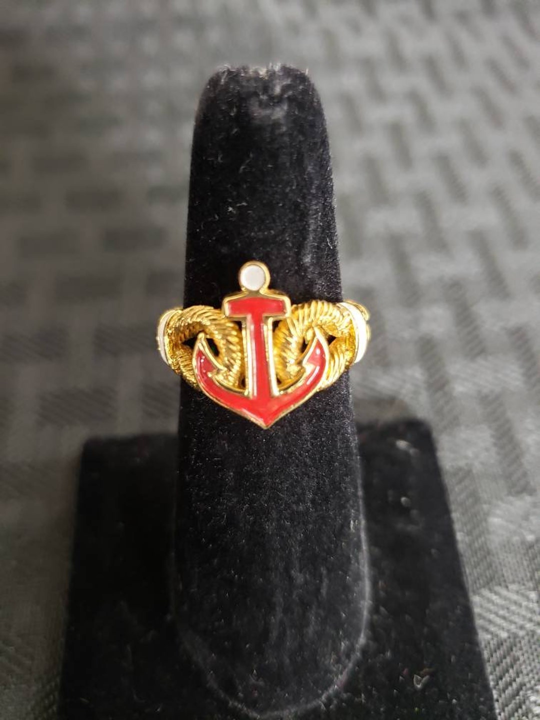 Vintage Crown Trifari Gold Tone and Red and White Enamel Anchor Ring ...