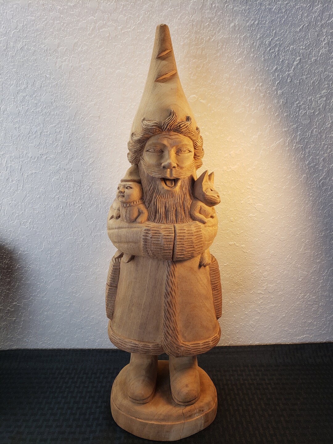 Hand Carved Wood Gnome Statue Holding Cat and Puppet Stands 2 - Etsy