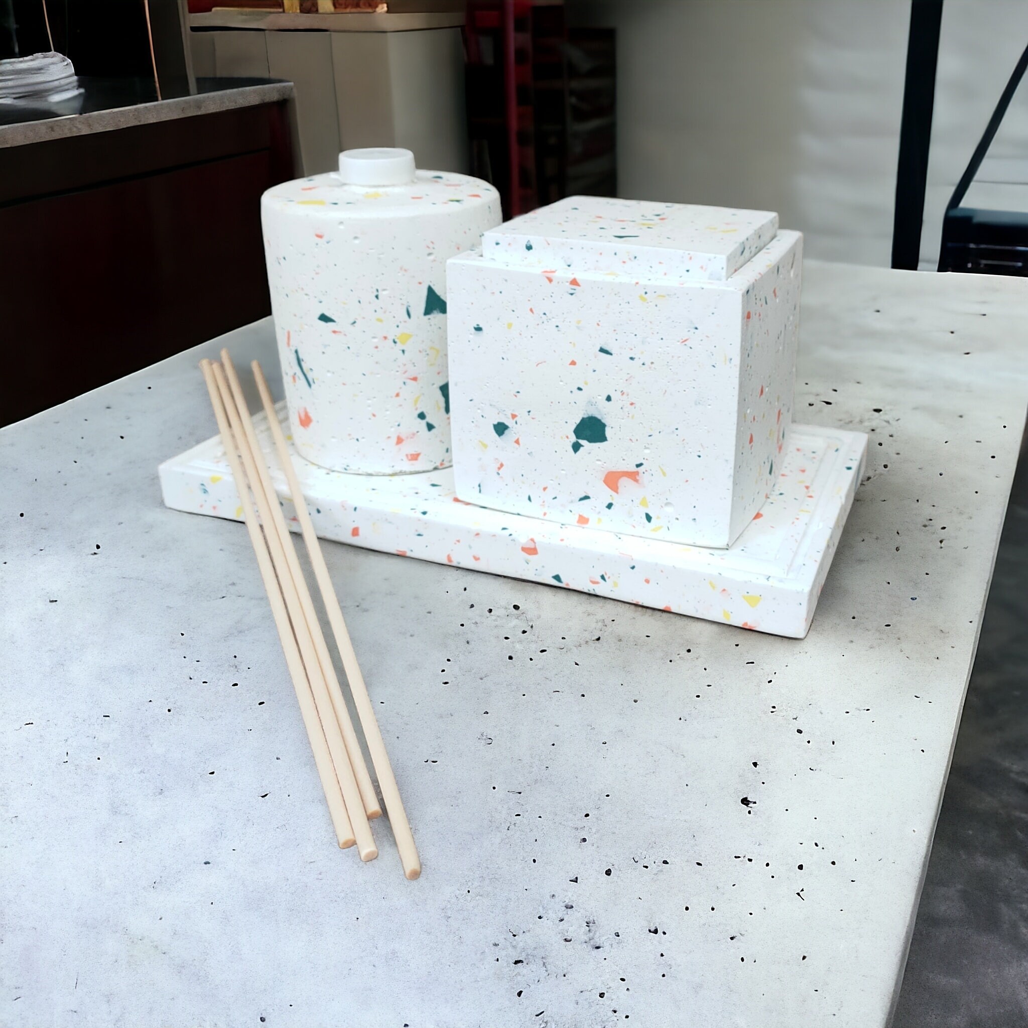 Orange, Yellow and Green Terrazzo Reed Diffuser Bottle and Lidded Box, Energetic Colorful Bath ...