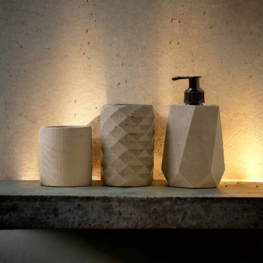 Modern Concrete Bathroom Accessory Set: Soap Dispenser, Toothbrush ...