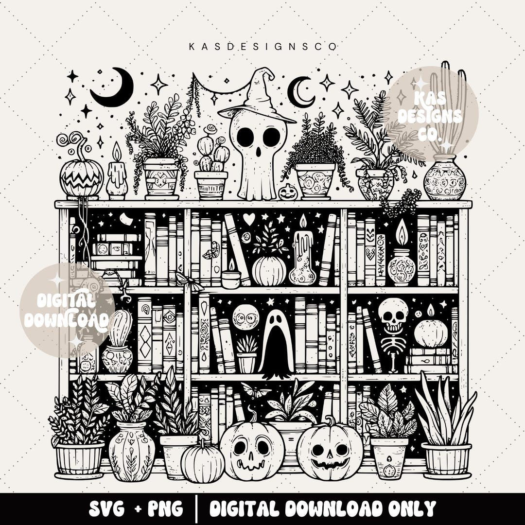 Spooky Bookshelf Svg, Halloween Season Png, Plants Png, Pumpkin Book ...