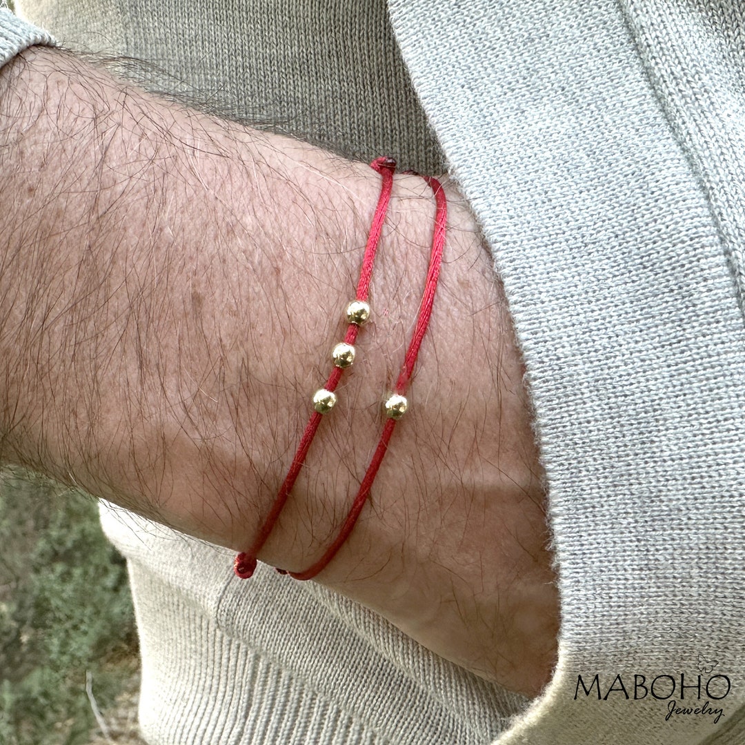 Men's Red String and 14k Gold Luck and Fortune Bracelet Set Adjustable ...