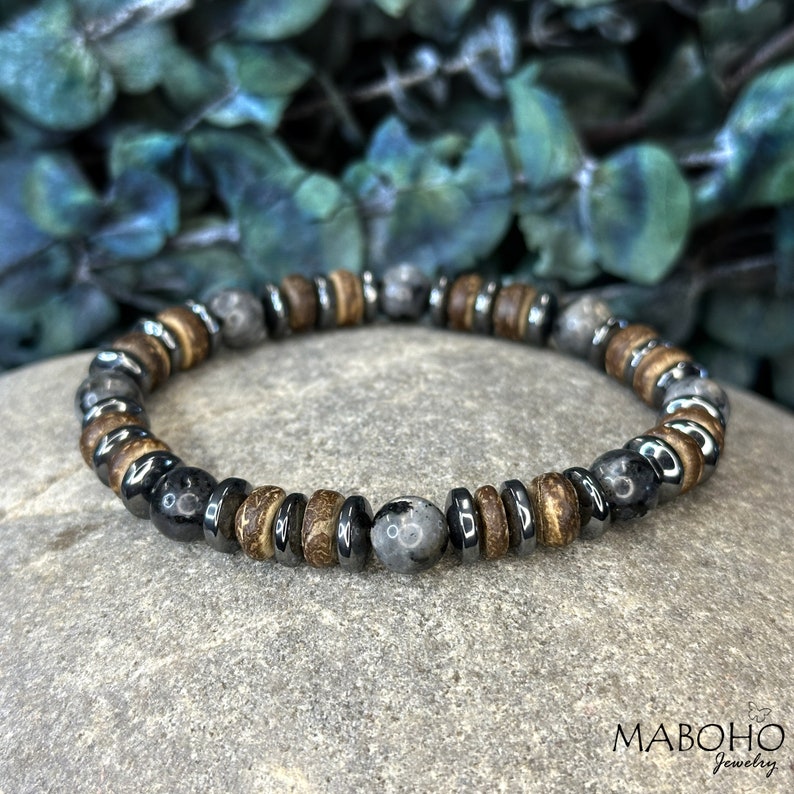 Men's Larvikite Stone Bracelet With Wood and Hematite Natural Bohemian Jewelry Tribal Jewelry ...