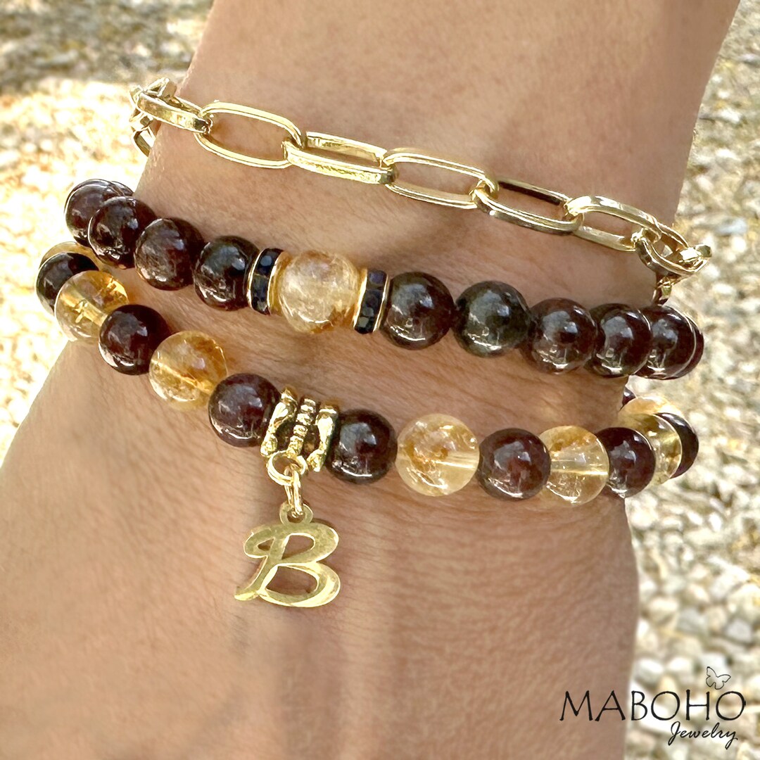 Citrine & Garnet Initial Bead Stretch Bracelet Wealth, Motivational ...