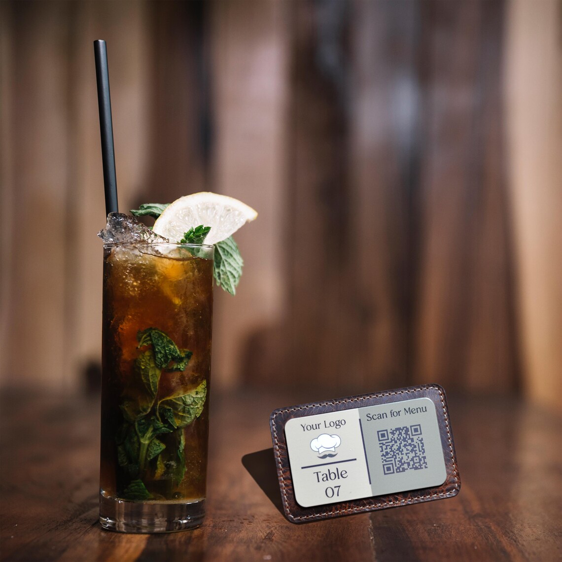 QR Code Menu Sign, Scan to View Menu, Wooden and Leather Table Menu ...