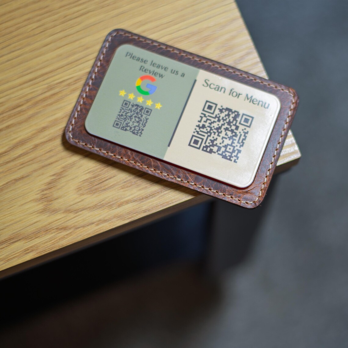 QR Code Menu Sign, Scan to View Menu, Wooden and Leather Table Menu ...