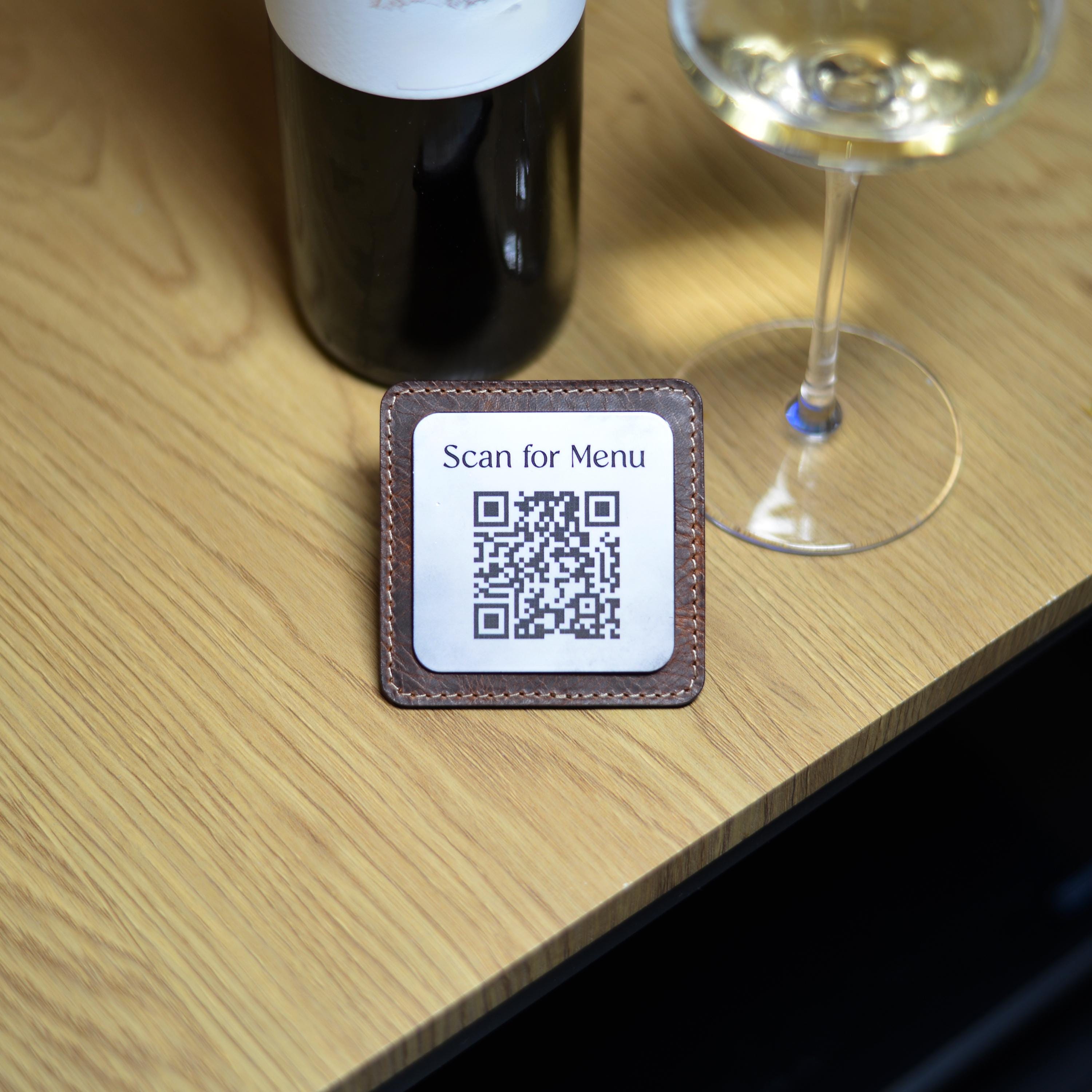 QR Code Menu Sign, Scan to View Menu, Wooden and Leather Table Menu ...