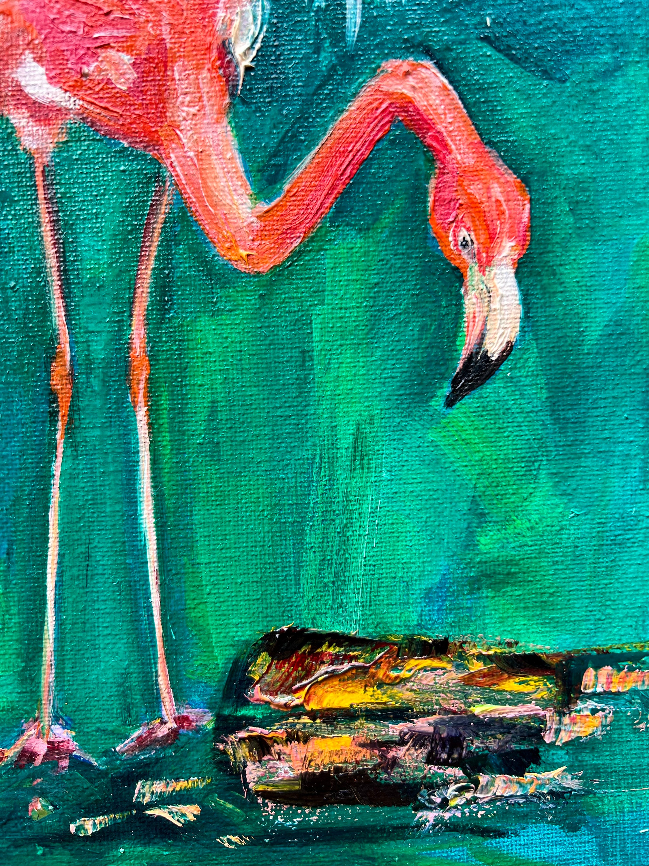 Flamingo Oil Painting Bird Original Art Small Painting Bookshelf Decor ...