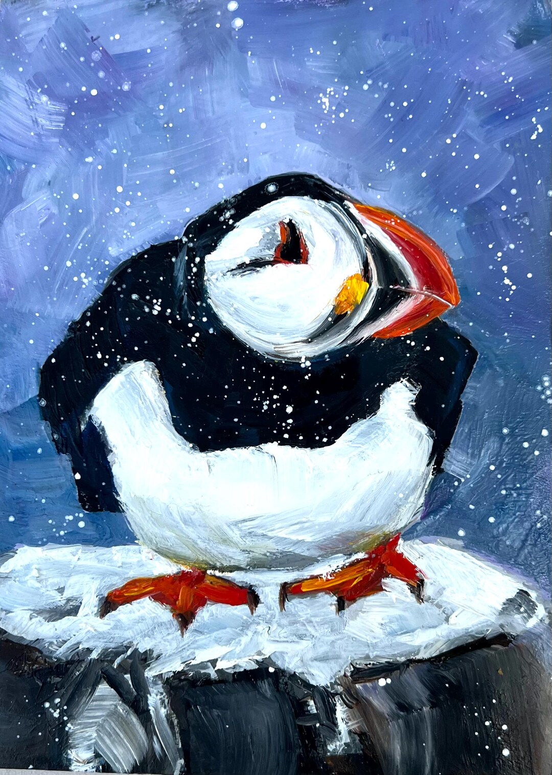 Puffin Bird Painting Small Oil Painting Bookshelf Decor Animal Wall Art ...