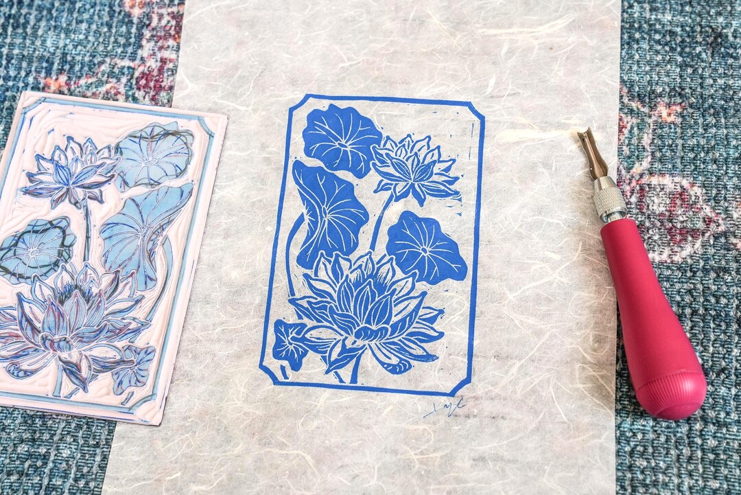 Lotus Flower Linocut Print | Blue Ink Botanical Art Block Print on ...