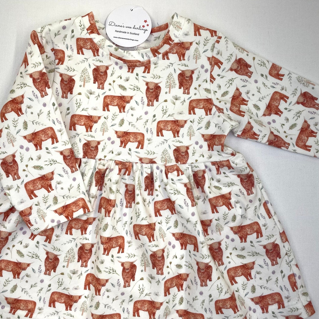 Little Hamish Highland Cow Print Baby Dress, Organic Baby Dress, Baby ...