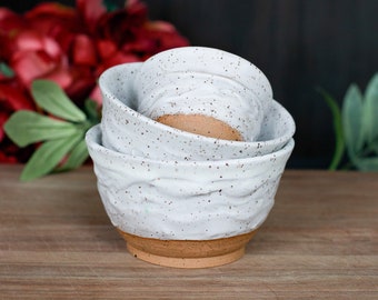 Set of 3 Small Handmade Ceramic Bowls in Speckled White With Wooden ...