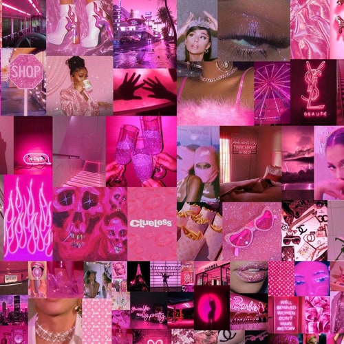 80 Pcs Boujee Pink Photo Collage Kit Hot Pink Aesthetic Baddie Etsy