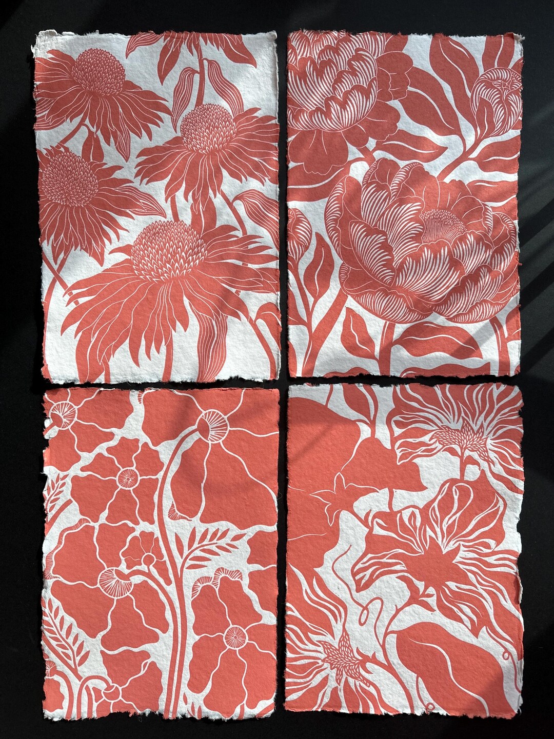 Set of Four Floral Prints (on Handmade Paper) - Etsy
