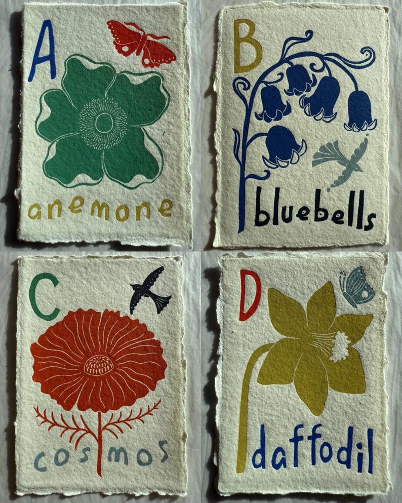 Alphabet of Flowers Tiles - Hand Printed Linocut on Handmade Paper - Etsy