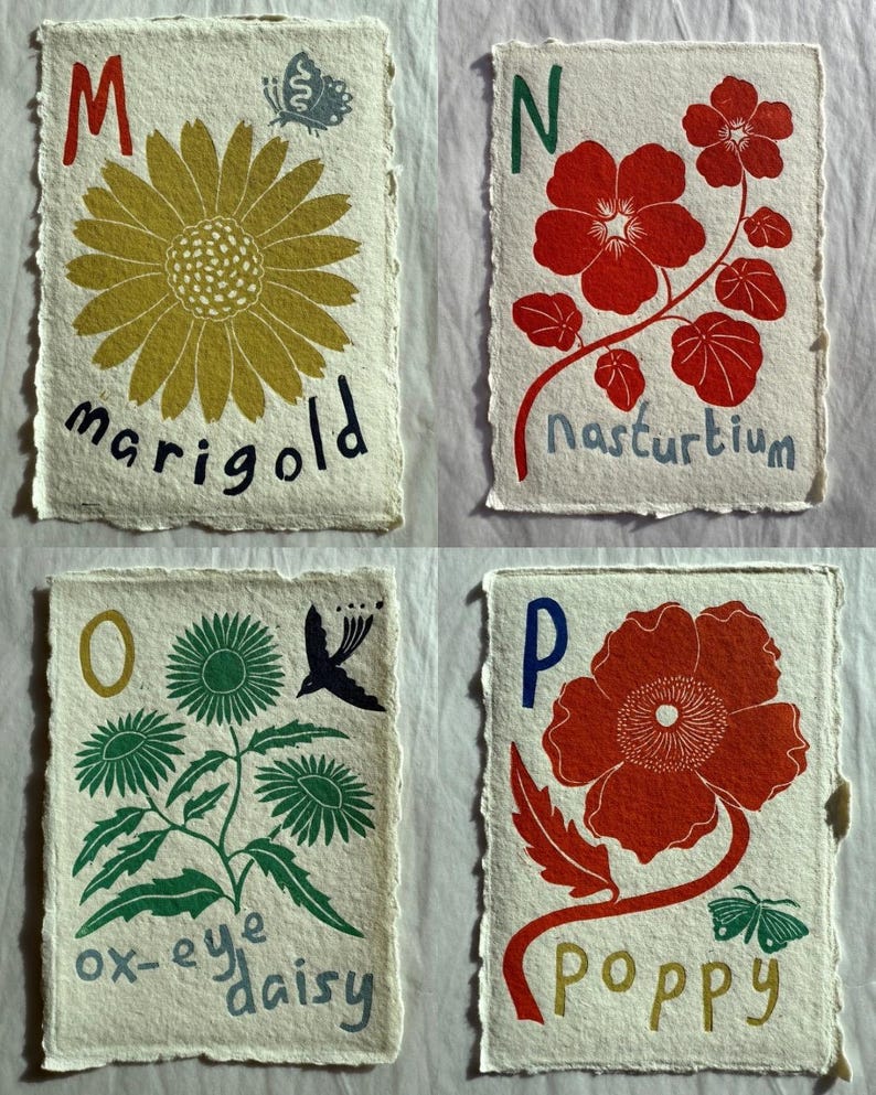 Alphabet of Flowers Tiles - Hand Printed Linocut on Handmade Paper - Etsy