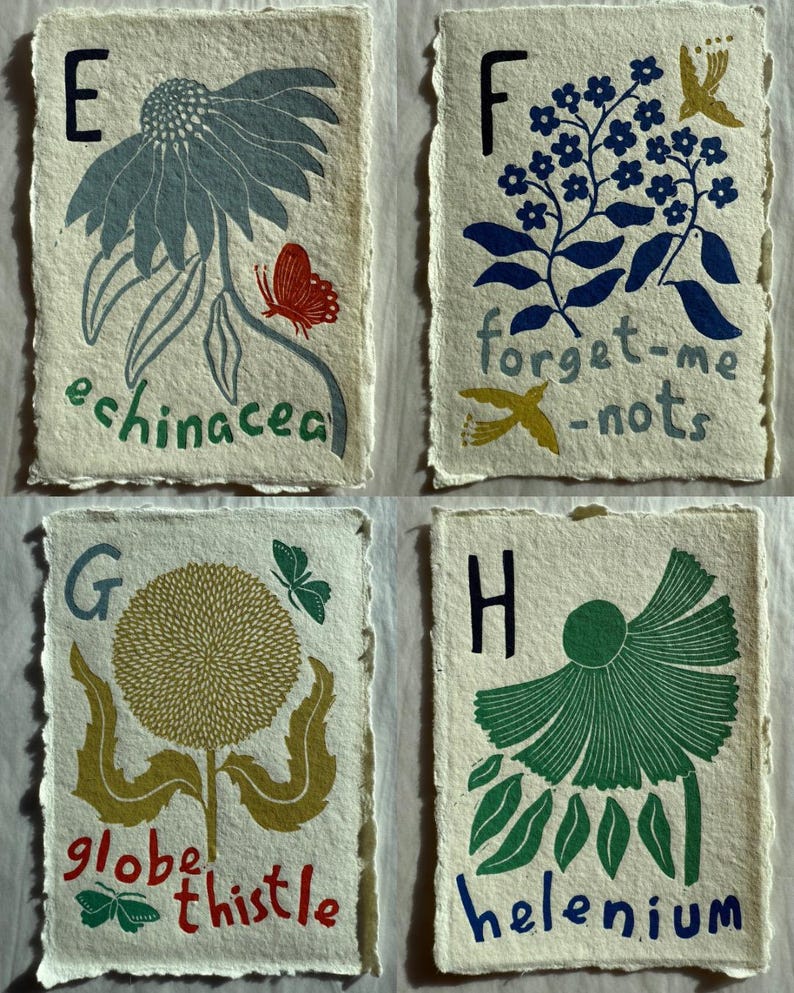 Alphabet of Flowers Tiles - Hand Printed Linocut on Handmade Paper - Etsy