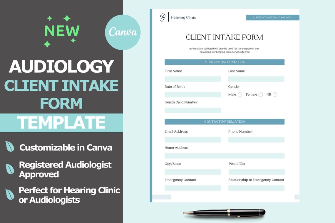 New Audiology Intake Form Canva Template | Audiology Hearing Clinic ...