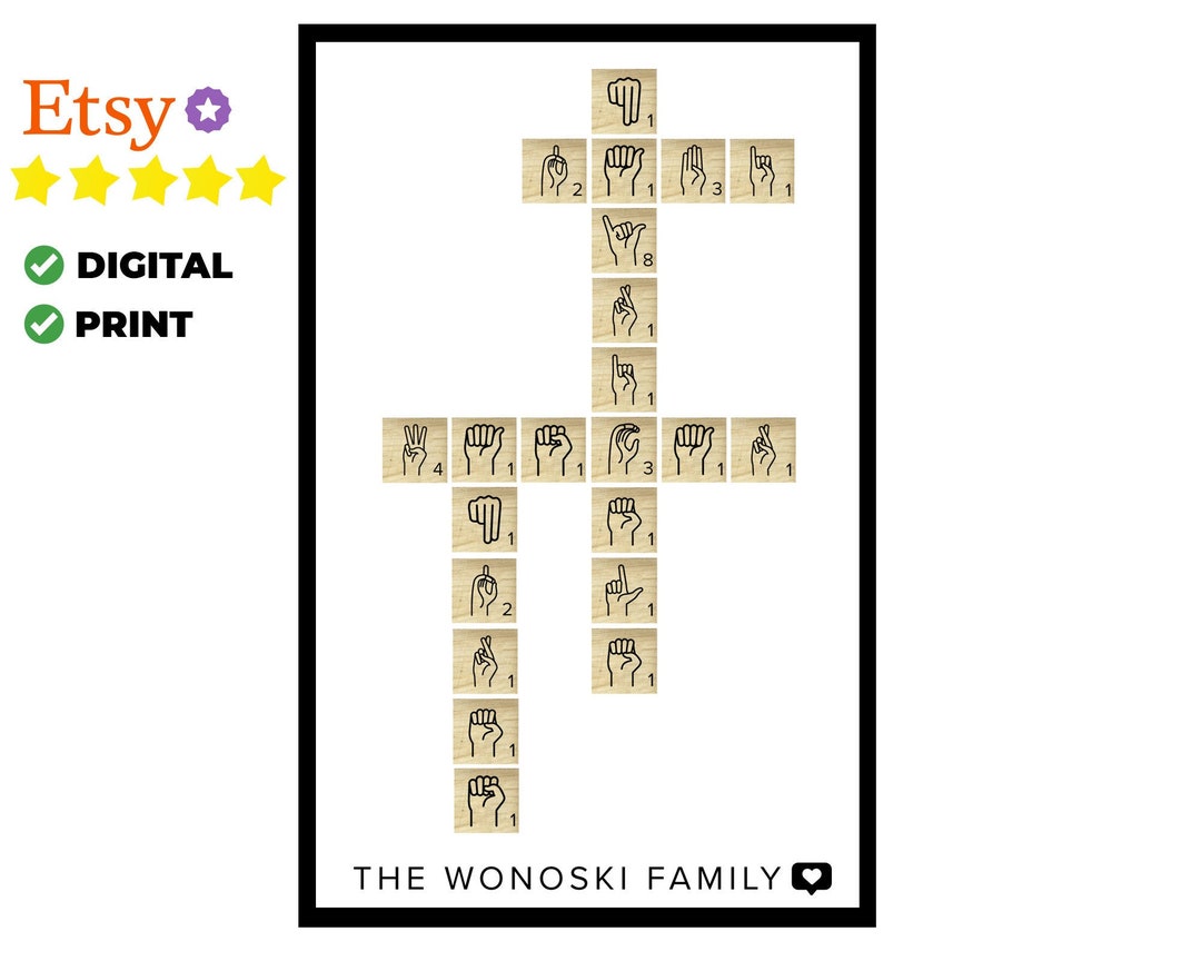 ASL Personalized Family Name Sign, Deaf Gifts, Crossword Scrabble Print ...