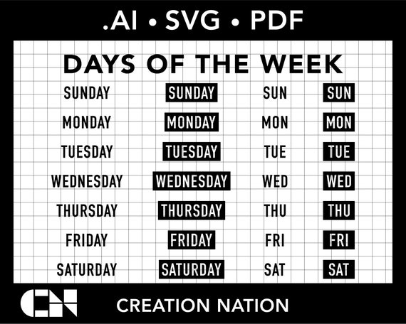Days of Week Calendar Sans Serif Minimal Modern Cuttable Files | Etsy