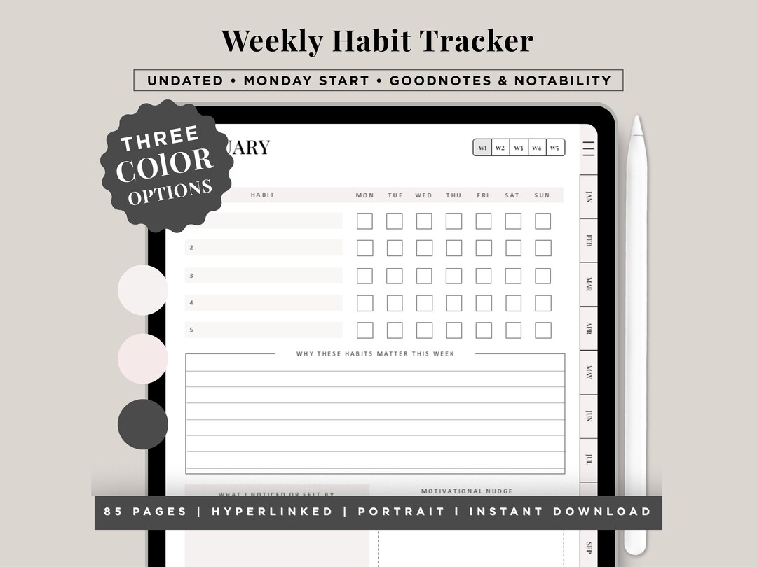 Digital Weekly Habit Tracker | Undated, Hyperlinked PDF (goodnotes ...