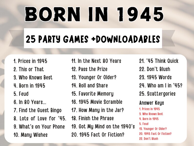 Printable 80th Birthday Party Games , Born in 1945 Games , Back in 1945 ...