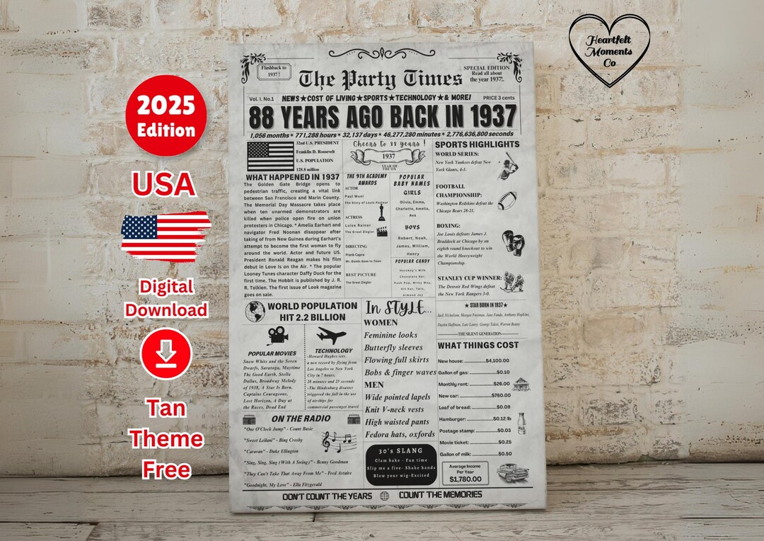 88th Birthday Newspaper Sign - Back in 1937 Birthday Poster , Happy ...