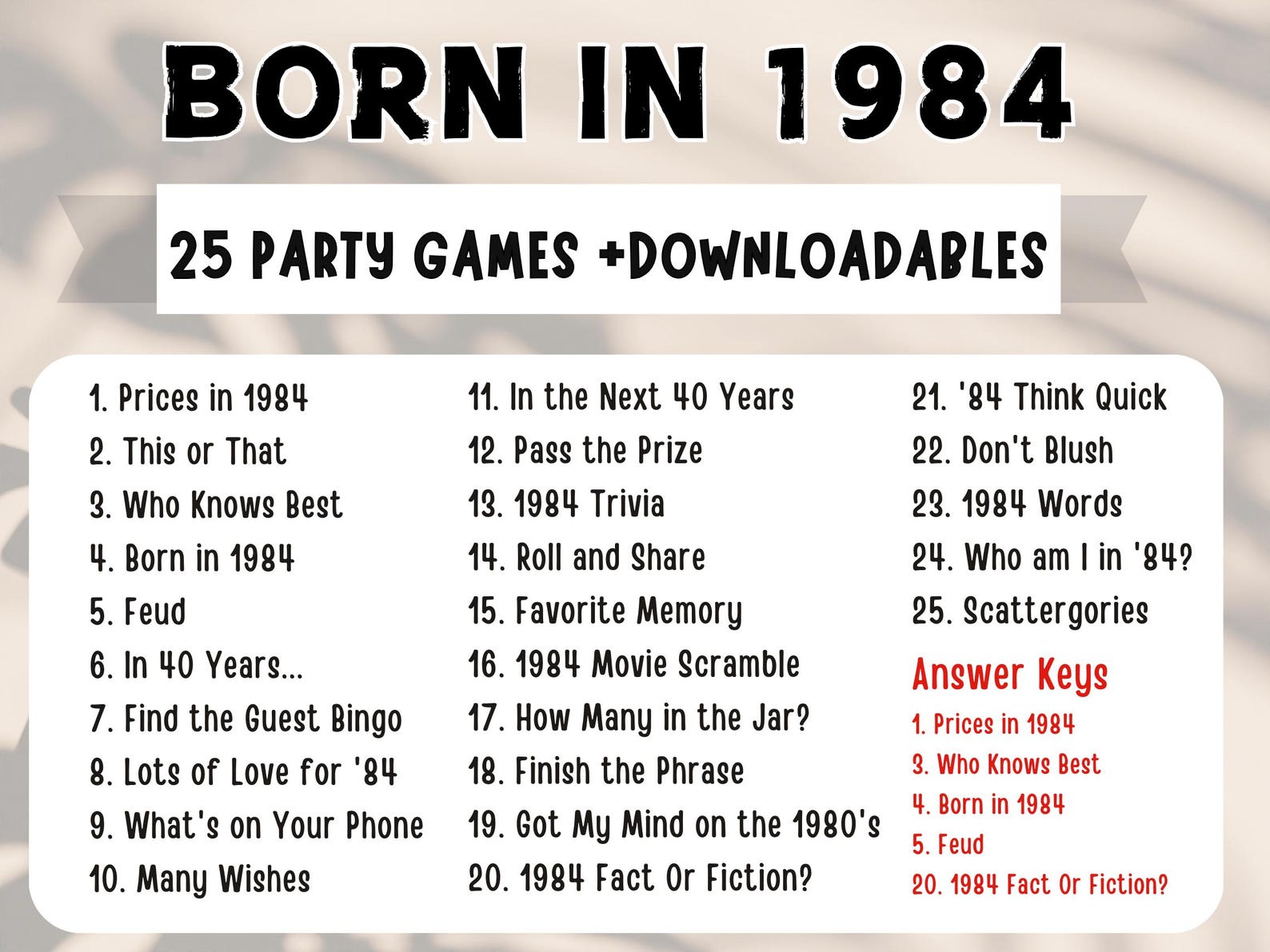 Born in 1984 Party Games Bundle , 40th Birthday Party Games Bundle ...