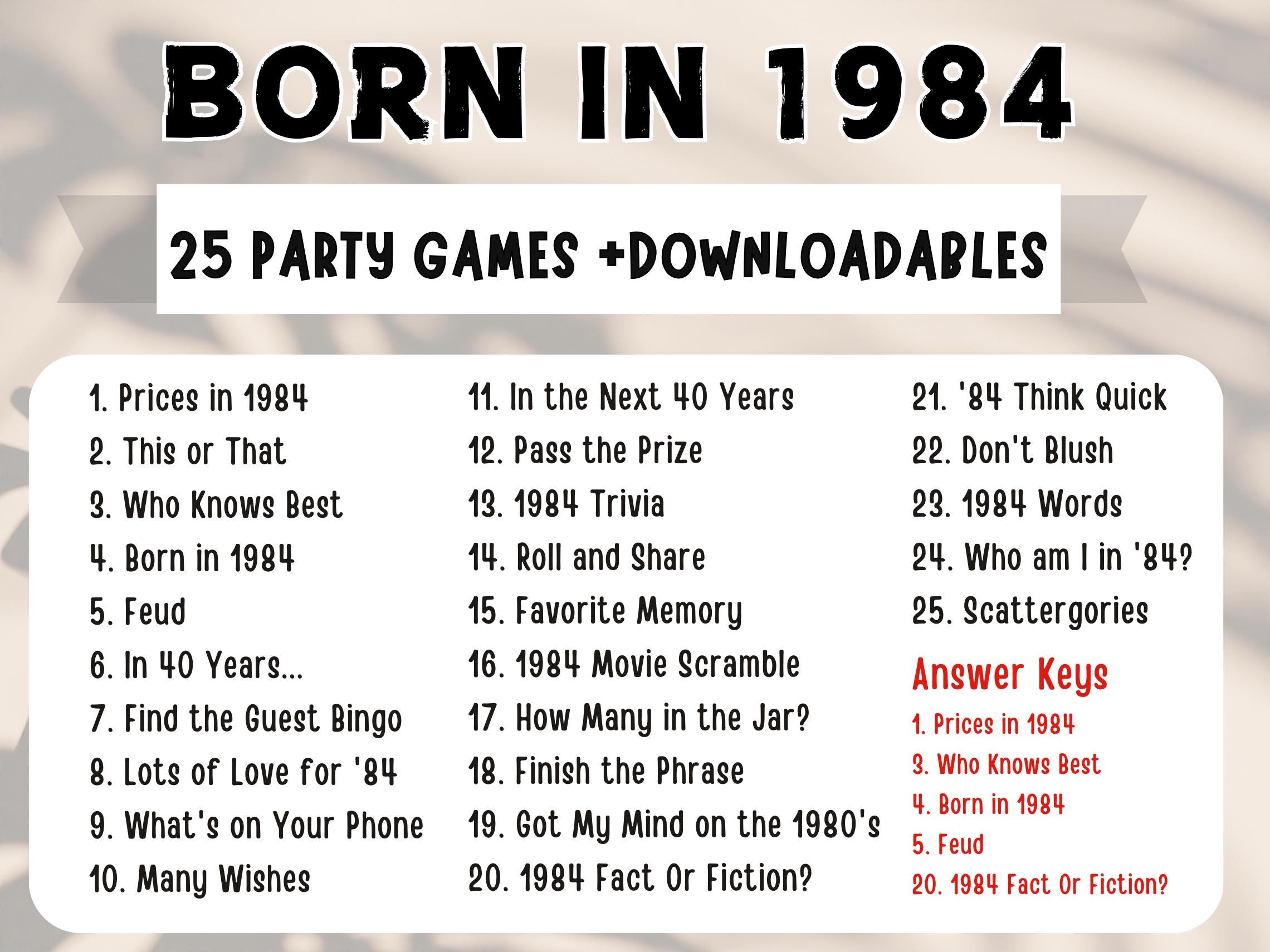 Born in 1984 Party Games Bundle , 40th Birthday Party Games Bundle ...