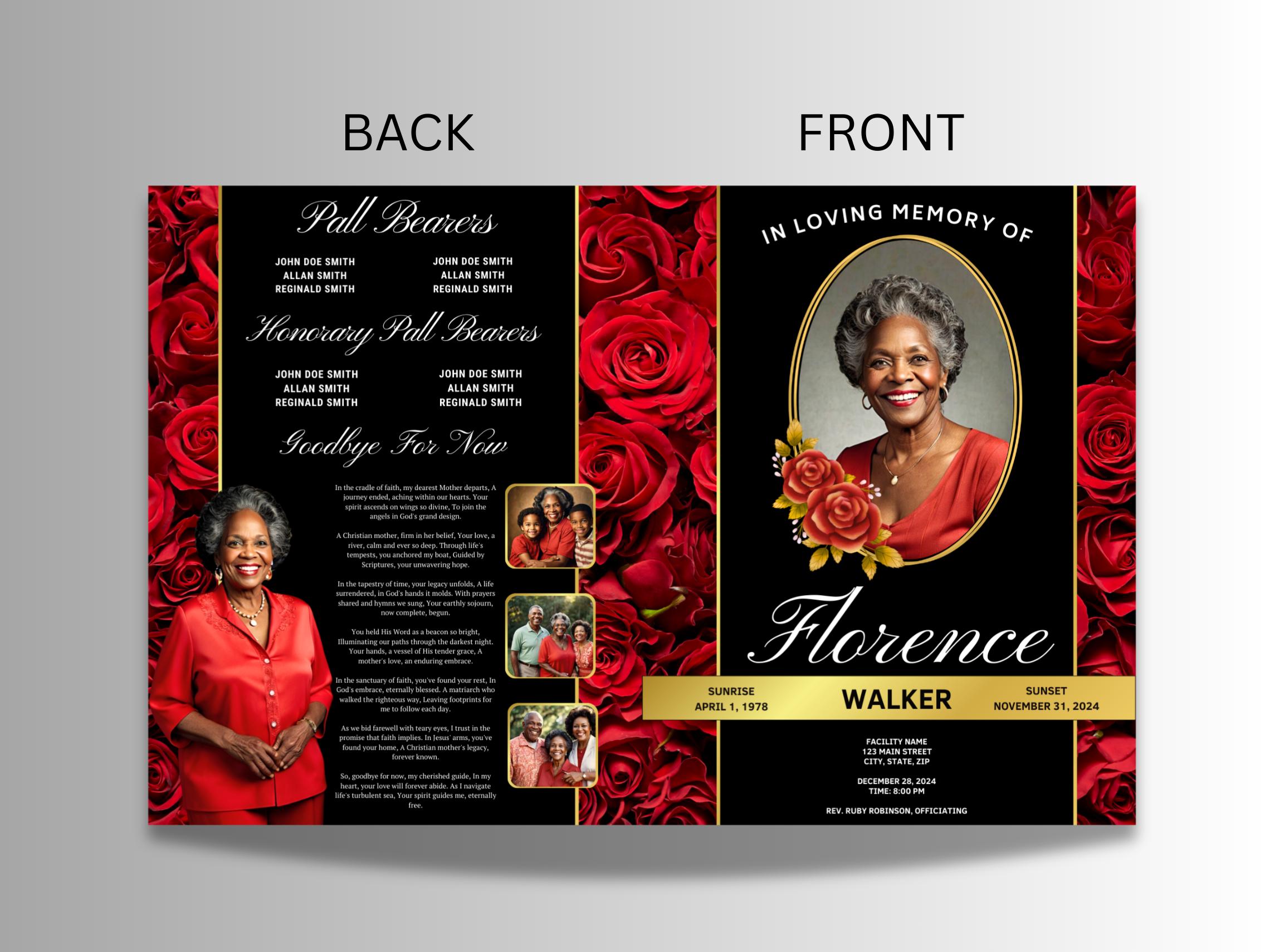 Red and Gold Obituary Program Template , Red Funeral Program , Gold ...