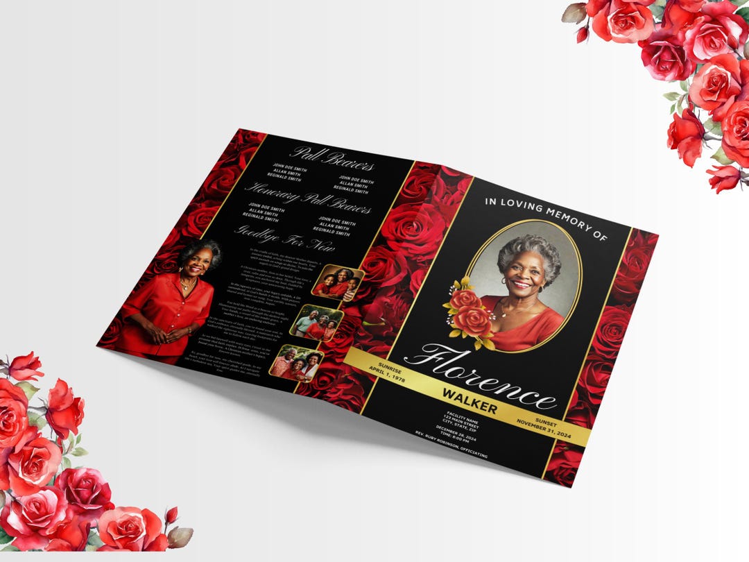 Red and Gold Obituary Program Template , Red Funeral Program , Gold ...