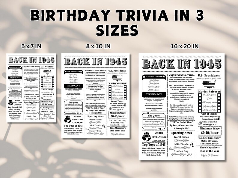 Printable 80th Birthday Party Games , Born in 1945 Games , Back in 1945 ...