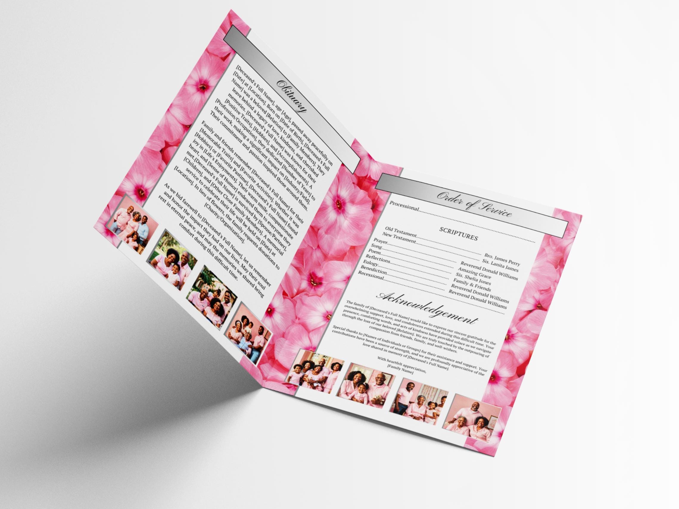 Pink Funeral Program Template , Printable Funeral Program , Editable ...