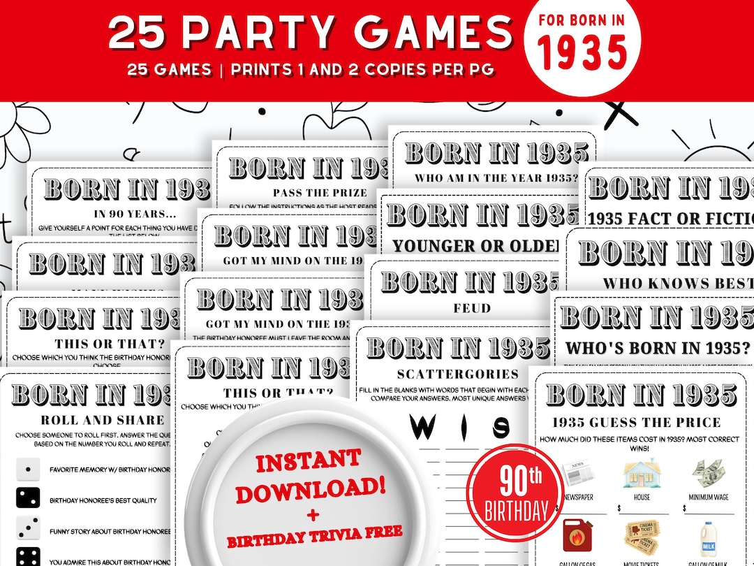 Born in 1935 Games , 90th Birthday Party Games Bundle , Back in 1935 ...