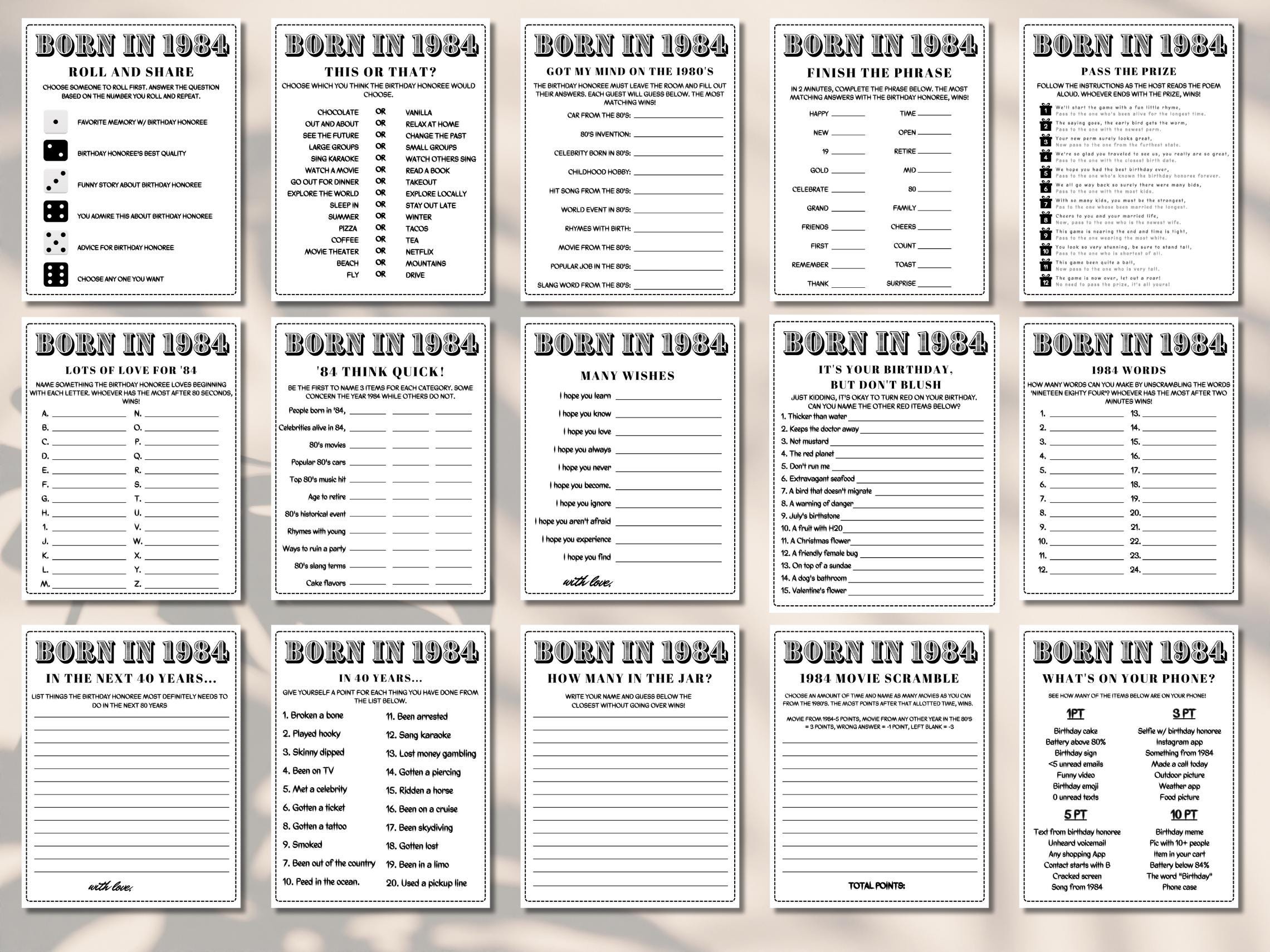 Born in 1984 Party Games Bundle , 40th Birthday Party Games Bundle ...