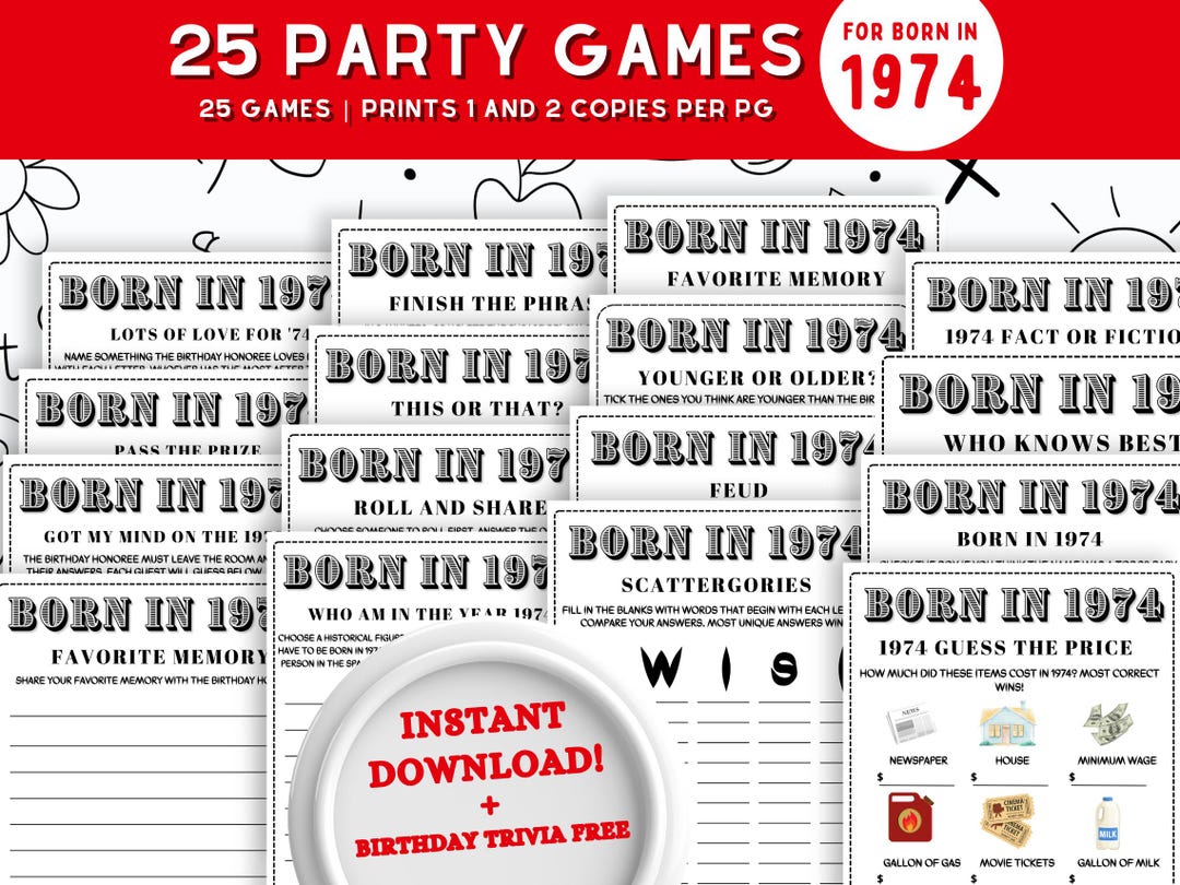 Born in 1974 Party Games Bundle , 50th Birthday Party Games Bundle ...