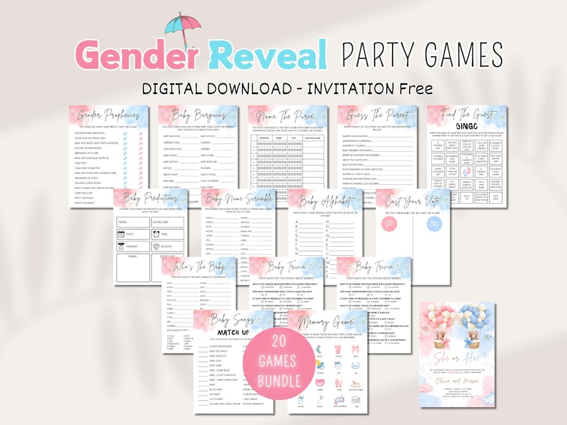 Printable Gender Reveal Games Bundle , Baby Shower Games , Gender Reveal Ideas , Gender Reveal ...