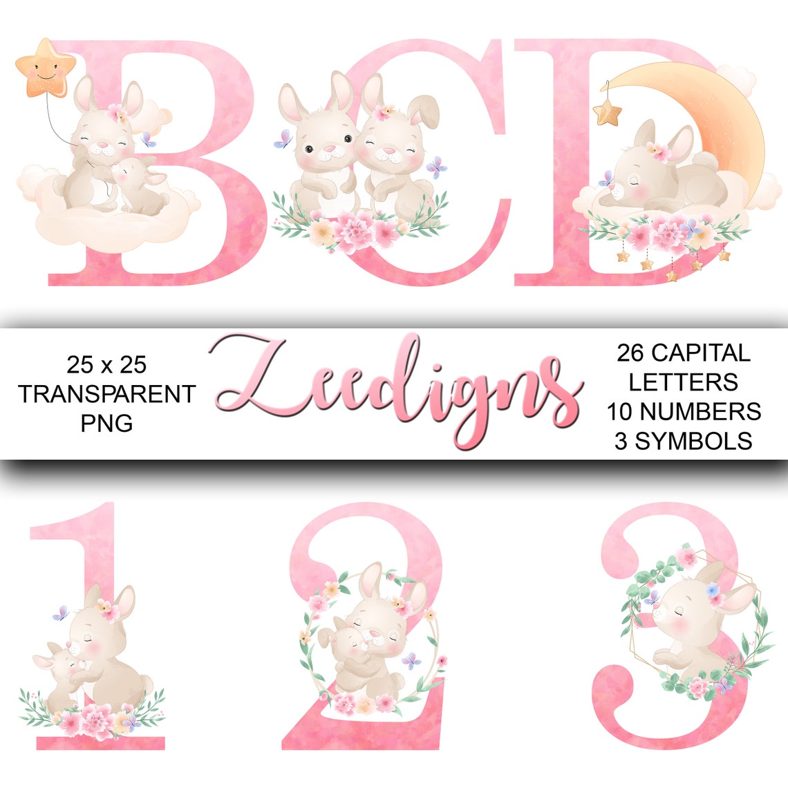 Bunnies Pink Alphabet Clipart Scrapbooking Digital Set - Etsy