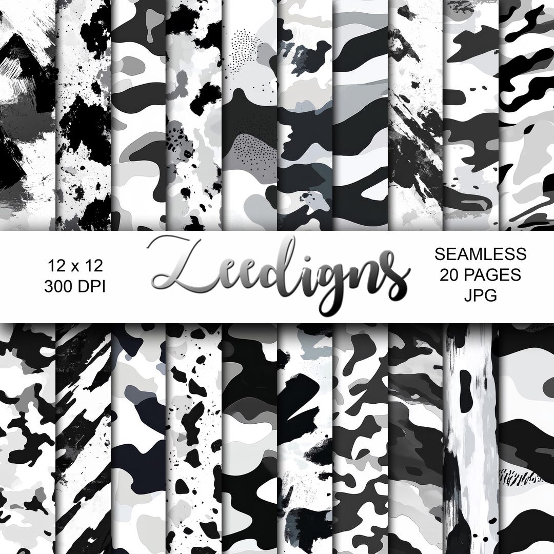 Black and White Camouflage Seamless Digital Scrapbook Printable Paper ...