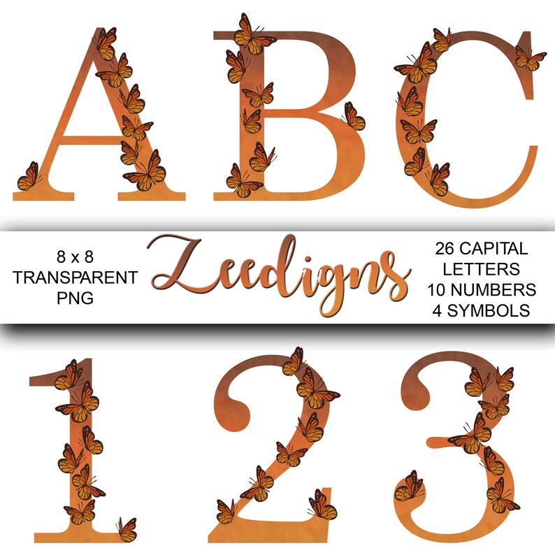 Monarch Butterfly Alphabet Clipart Scrapbooking Digital Set - Etsy