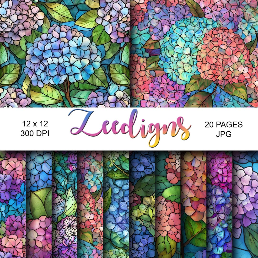Hydrangeas Stained Glass Digital Scrapbook Printable Paper | Digital ...