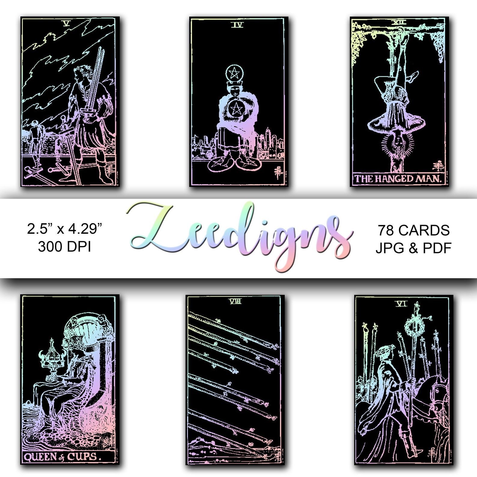 Pastel Rainbow Tarot Cards 78 Deck - Instant Digital Download - Rider ...