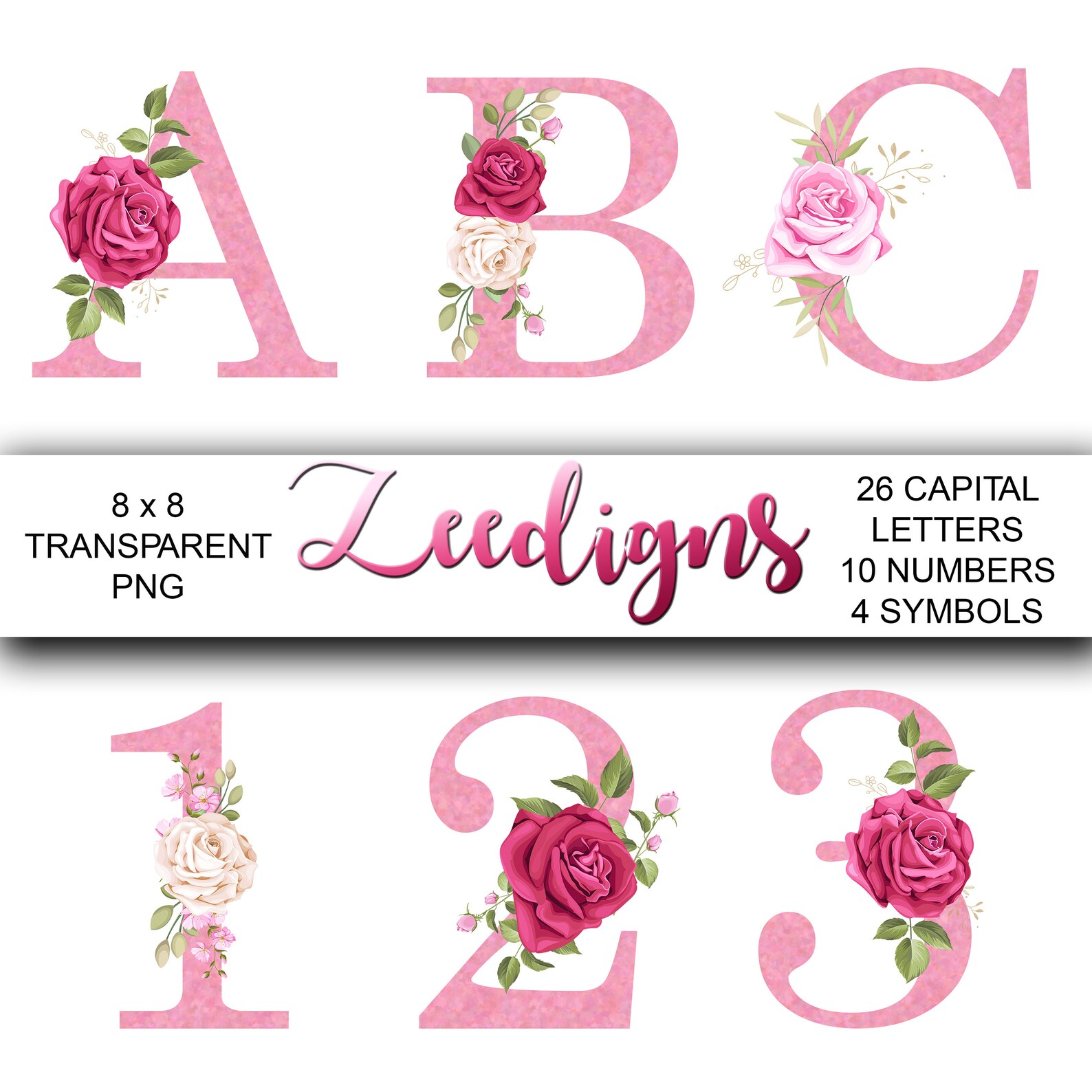 White and Pink Rose Alphabet Clipart Scrapbooking Digital Set | Etsy