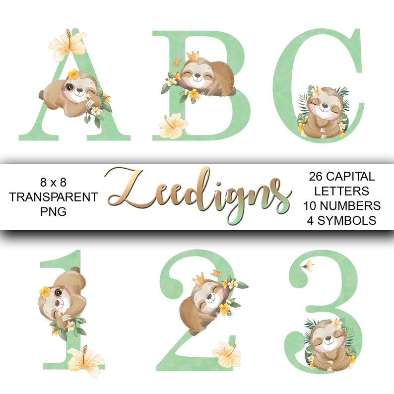 Sloth Alphabet Clipart Scrapbooking Digital Set Printable Paper ...
