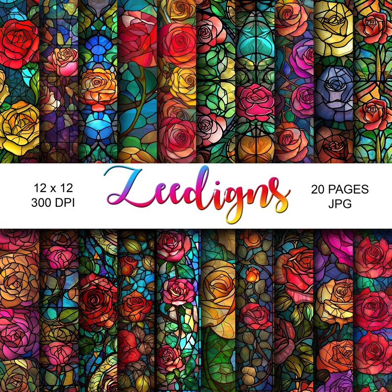 Roses Stained Glass Digital Scrapbook Printable Paper | Digital Paper ...