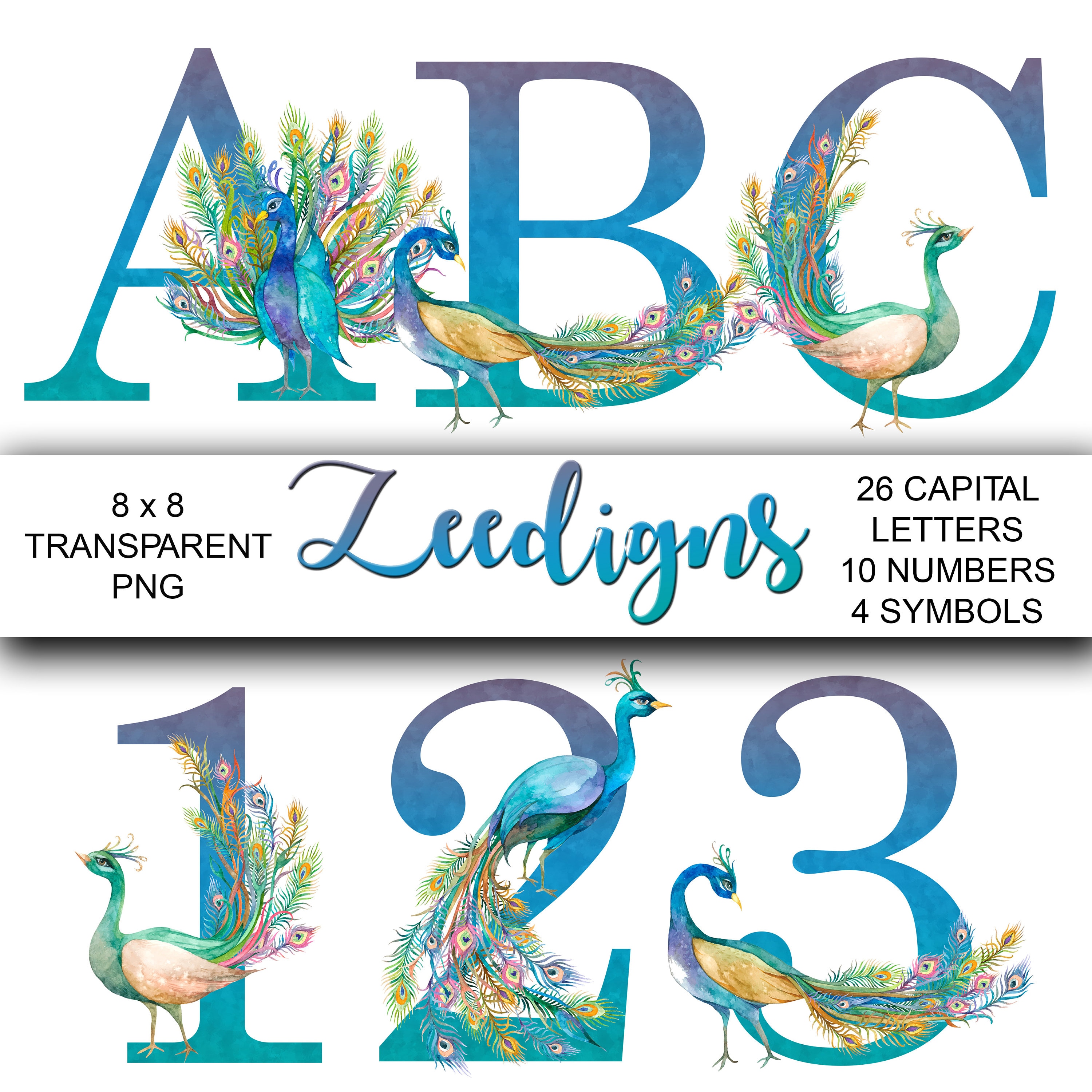 Peacock Alphabet Clipart Scrapbooking Digital Set Printable - Etsy