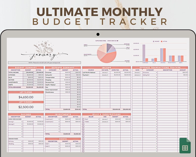 Monthly Budget Template Spreadsheet, Paycheck Budgeting Tracker, Google ...