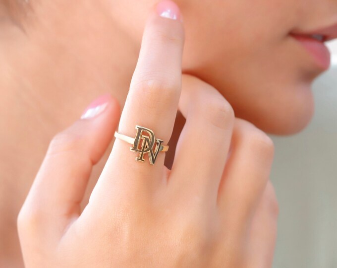 Duo Initial Ring, Custom Stackable Letter Ring, Dainty Engraved Ring ...