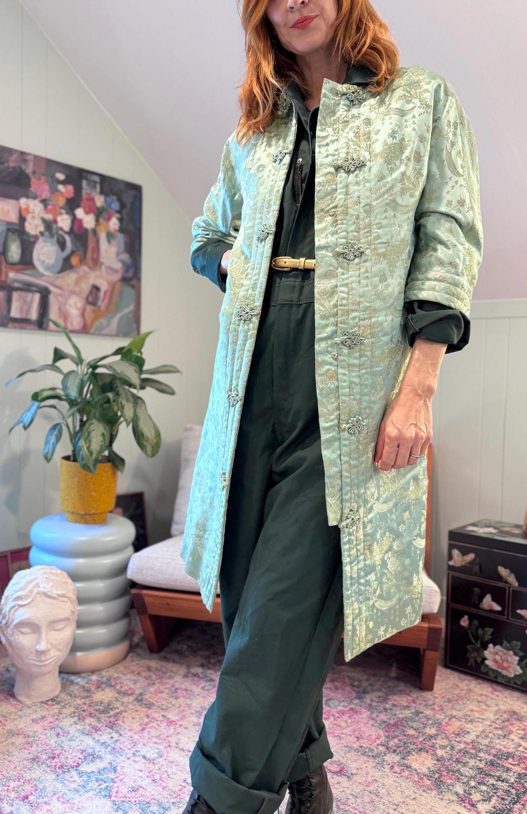 Vintage 60s Chinoiserie Mint Green Satin Duster Robe Jacket With Ornate ...